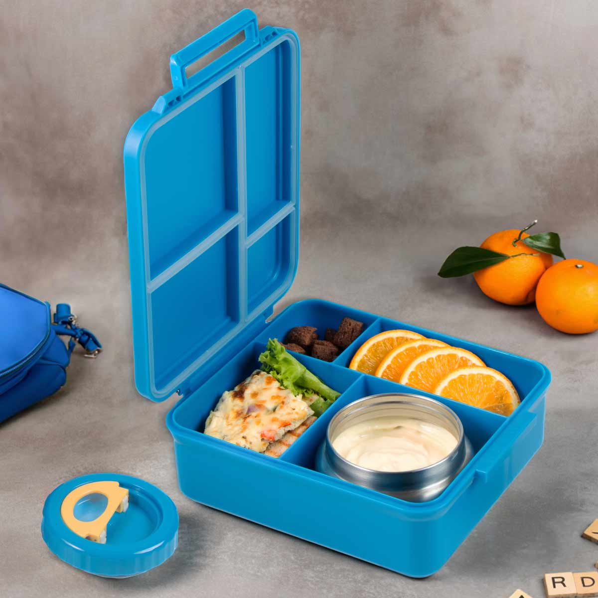 4 Compartment Bento box with Insulated jar - Blue